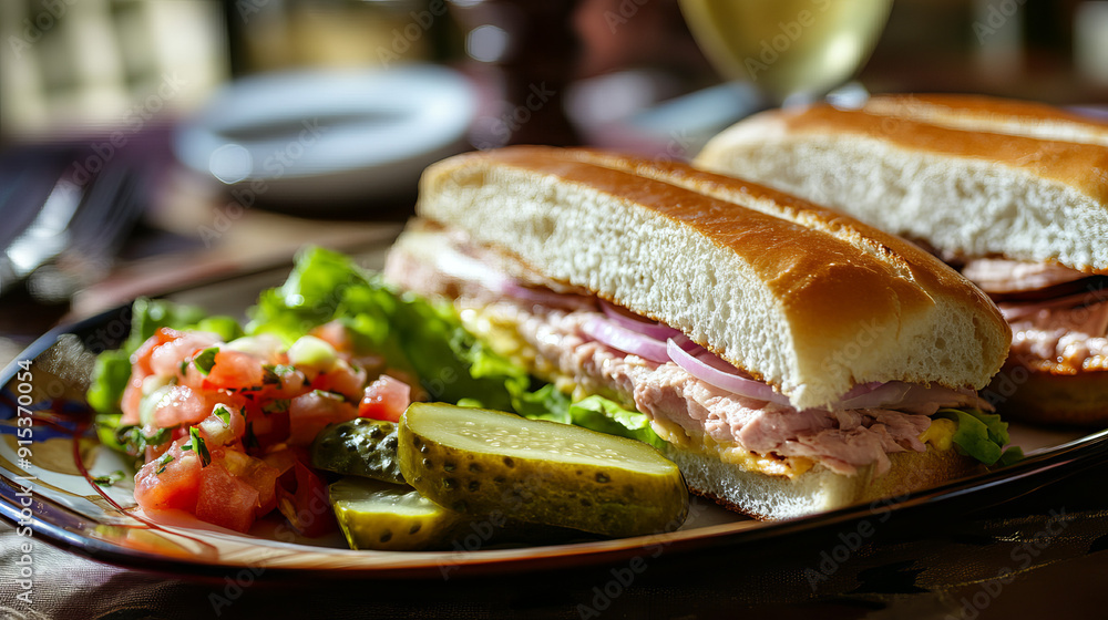 A Cuban sandwich paired with a side of golden plantain chips, with the ...