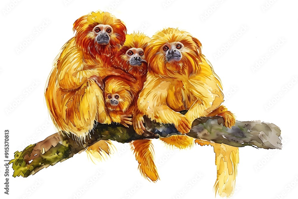 Watercolor Painting of a Golden Lion Tamarin Family on a Branch. Stock ...