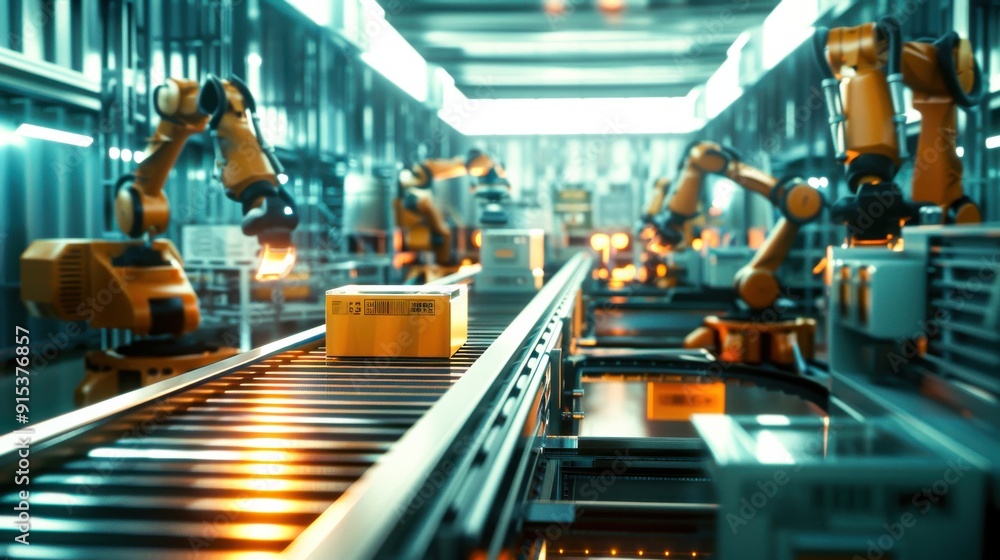 Automated robotic arms efficiently sort and package items moving along a conveyor belt in a ...