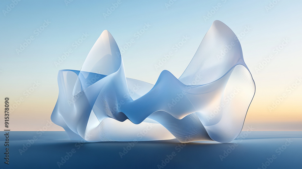 Abstract, asymmetrical form composed of interlocking, semi-transparent ...