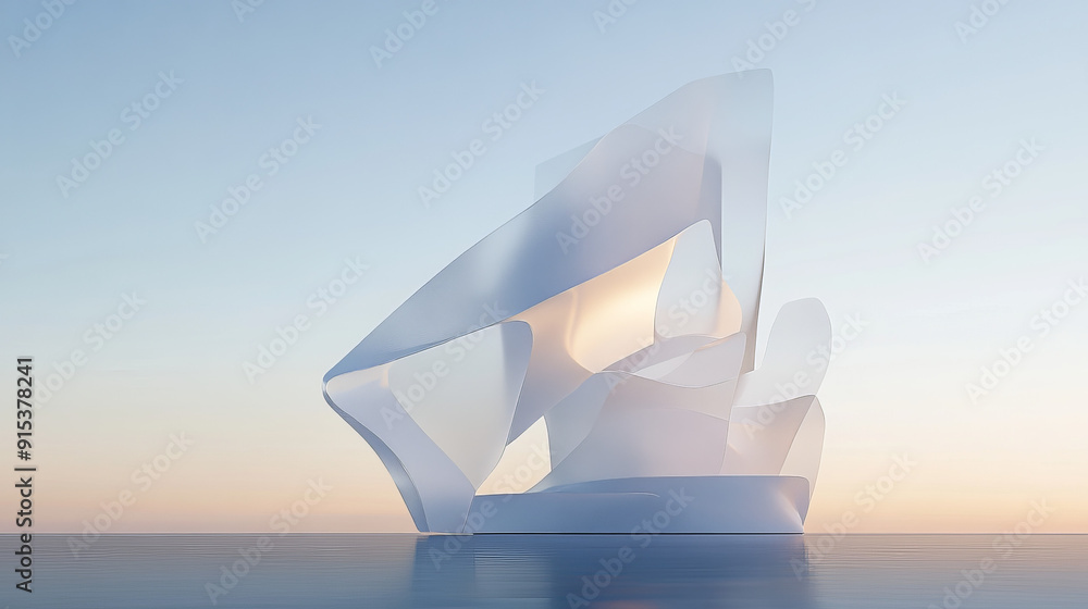Abstract, asymmetrical form composed of interlocking, semi-transparent ...