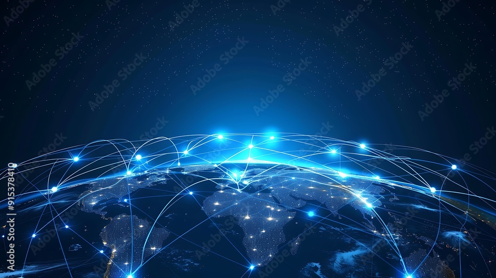 A digital representation of a global connection network on a bright ...