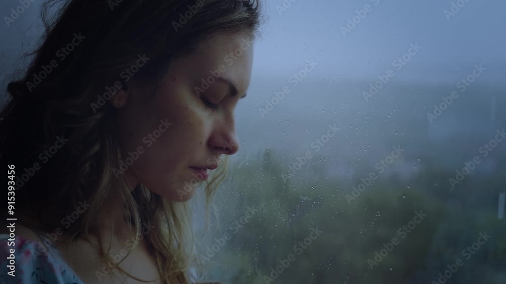 Natural beauty woman crying standing looking at window rain drops ...