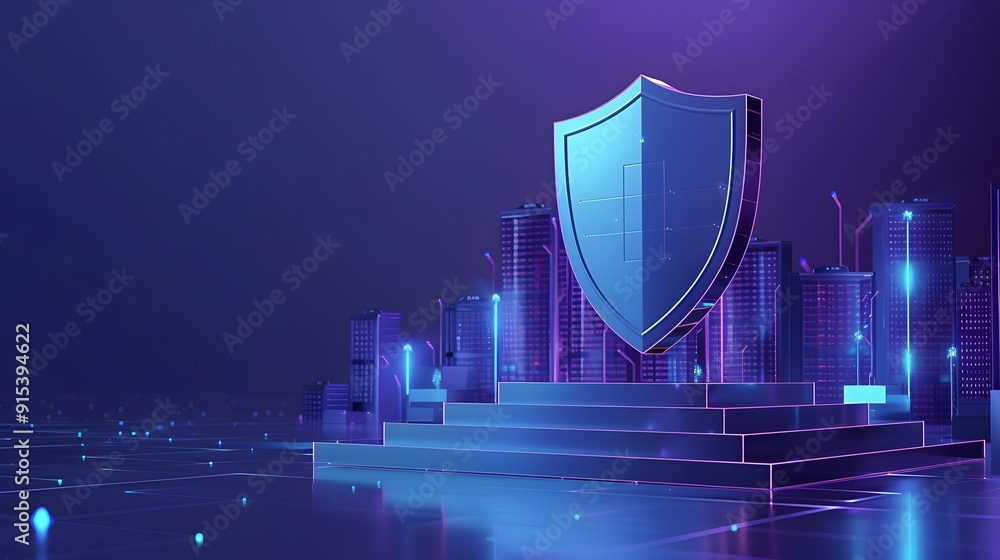 Futuristic cybersecurity concept with a shield icon protecting a ...