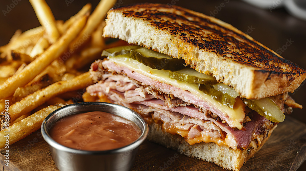 A Cuban sandwich paired with a side of golden plantain chips, with the ...
