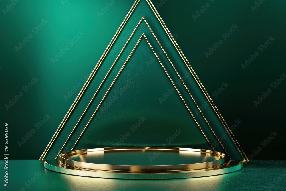 Emerald Green Glam Geometric Display, featuring a shiny metallic podium with golden triangular ...