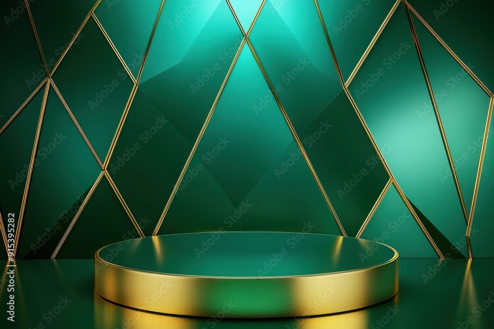 Emerald Green Glam Geometric Display, a luxurious scene featuring a shiny metallic podium with ...