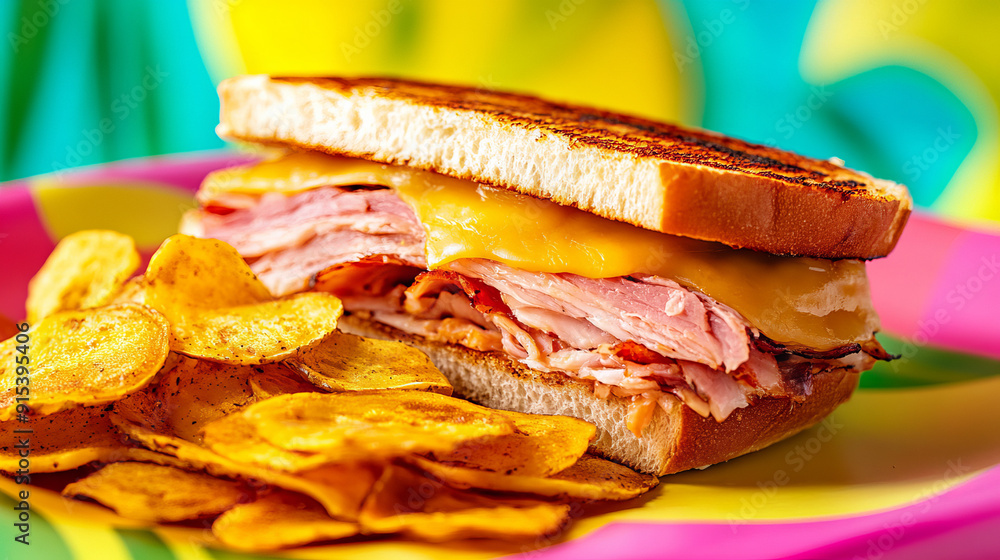 A Cuban sandwich paired with a side of golden plantain chips, with the ...