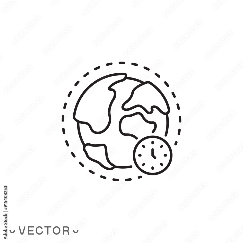 time zone icon, globe with clock, earth planet, hour delay, world timer ...