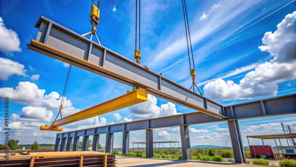 Industrial steel beam being hoisted by crane cable, construction ...