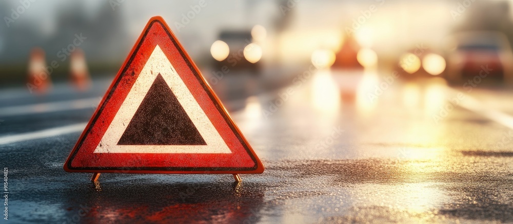 traffic signs caution notices on the road. with copy space image. Place ...