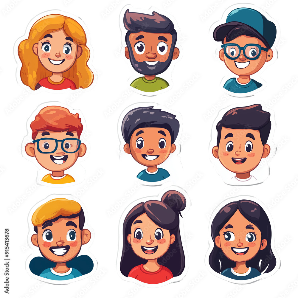 Individual faces in different poses, set as a sticker, icon, vector ...