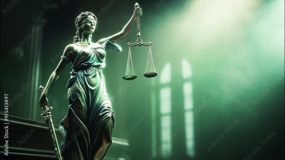 Lady Justice with scales and sword on a dark green courtroom background ...