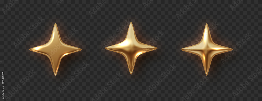 Golden four-pointed stars of various shapes. Christmas realistic design ...