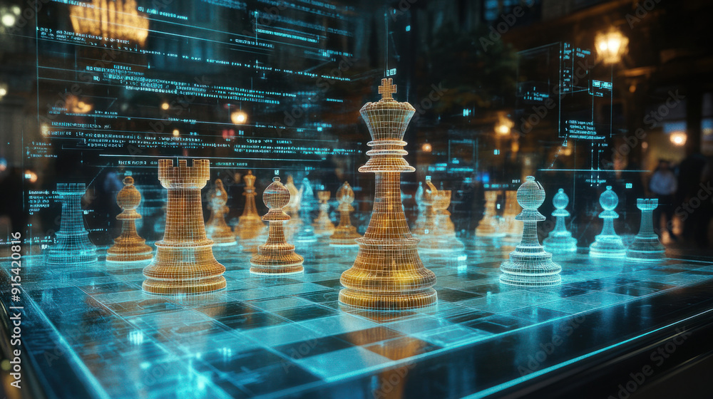 Chess business strategy, Floating holograms of chess pieces ...