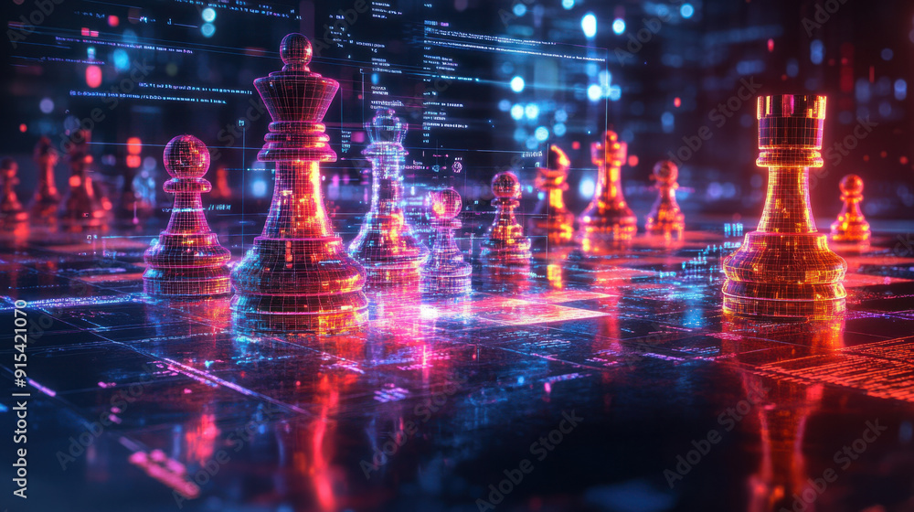 Chess business strategy, A striking scene of floating chess pieces in ...