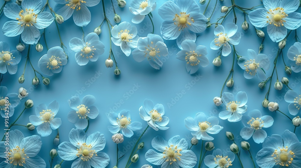 Blue backdrop adorned with delicate light blue flowers and buds in ...