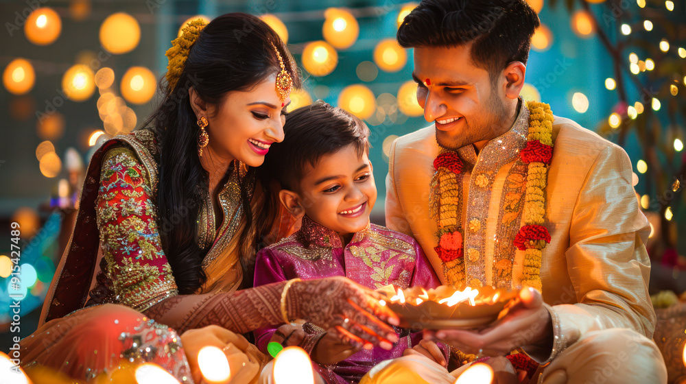 happy young Indian family in traditional dress celebrating diwali ...