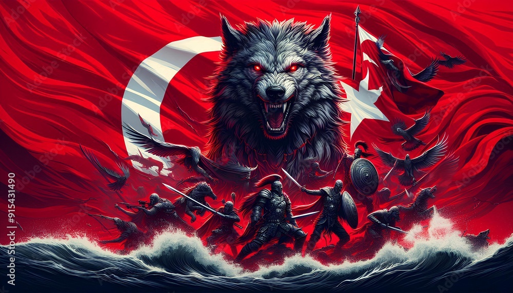Turkish Flag Celebration: Symbol of Victory with Wolf and Flight Stock ...