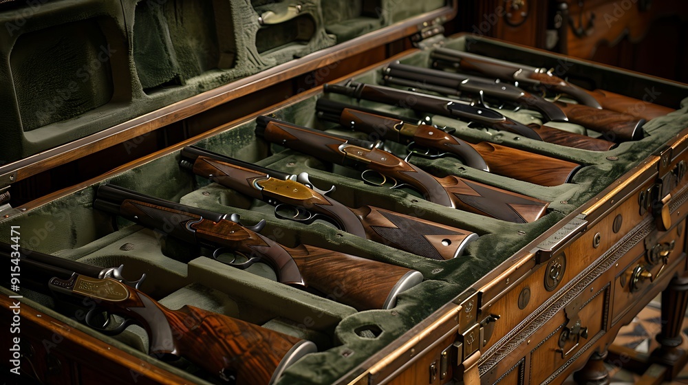 Ten rifles and shotguns lined up in a hunter gun case Stock Photo ...