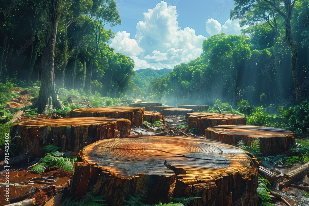 Stumps from cut down trees in empty clearing, devastated by deforestation. Stumps in sun rays ...