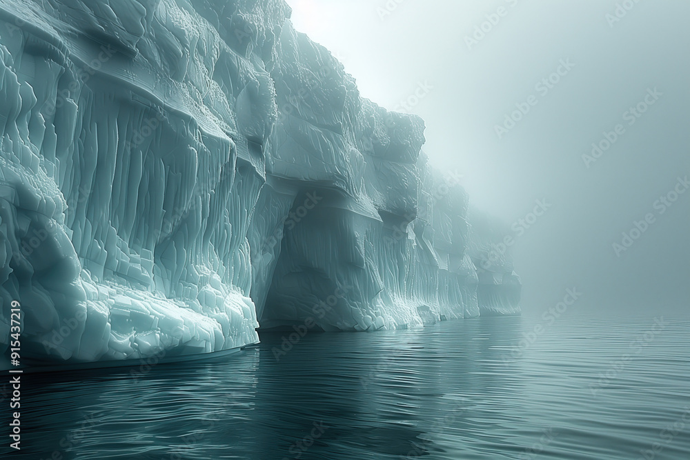 Melting ice in arctic blue water in fog. Reflects effects of climate ...
