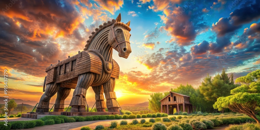 Majestic imagery of the iconic Trojan horse in a lush mythical setting ...