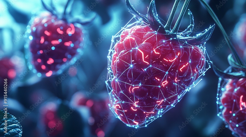 A futuristic depiction of tech berries featuring digital growth and neon veins. Each berry is ...