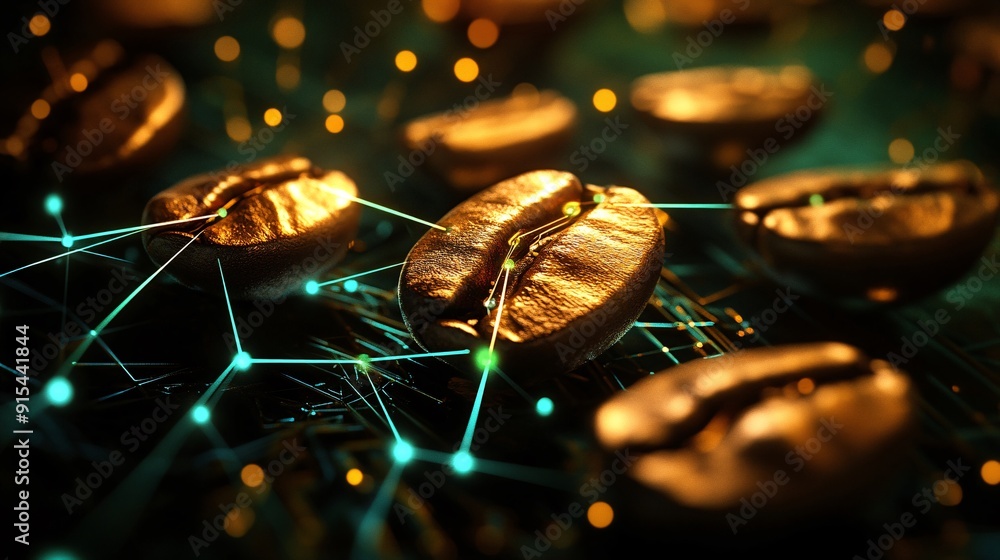 A modern depiction of augmented coffee with tech lines and digital ...