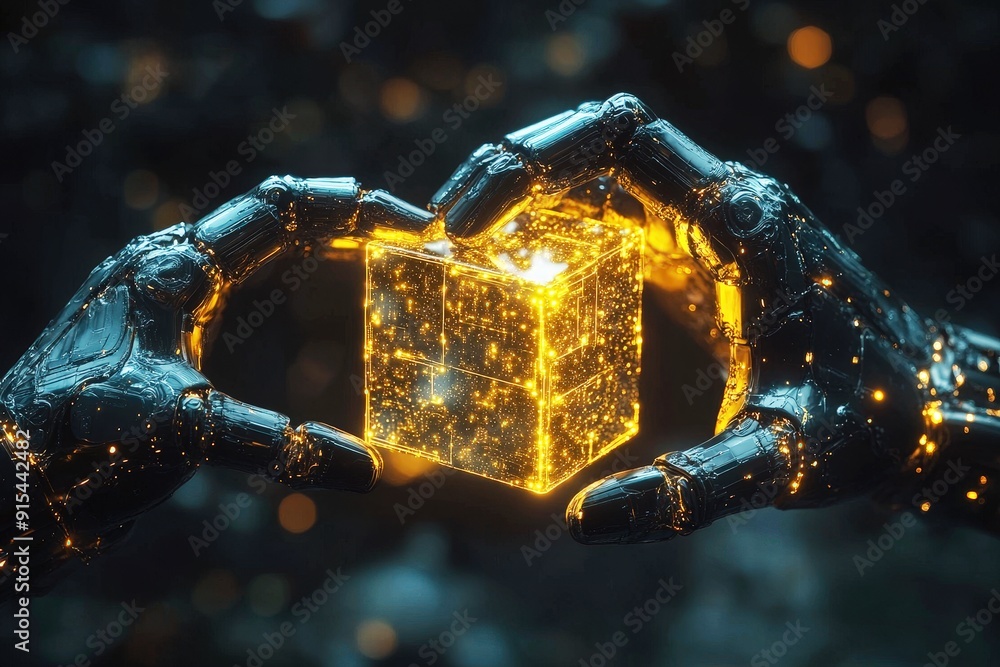 Cybernetic Embrace: A pair of metallic robotic hands carefully cradle a ...