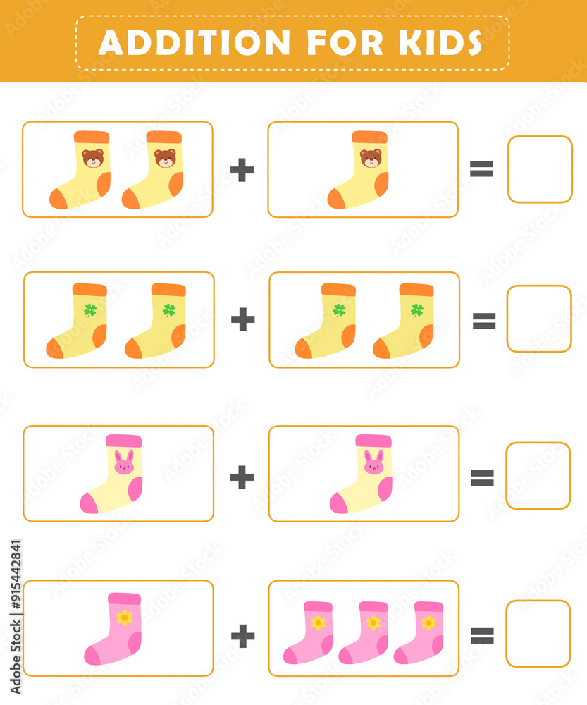 Preschool addition worksheet with cute socks illustration. Math ...