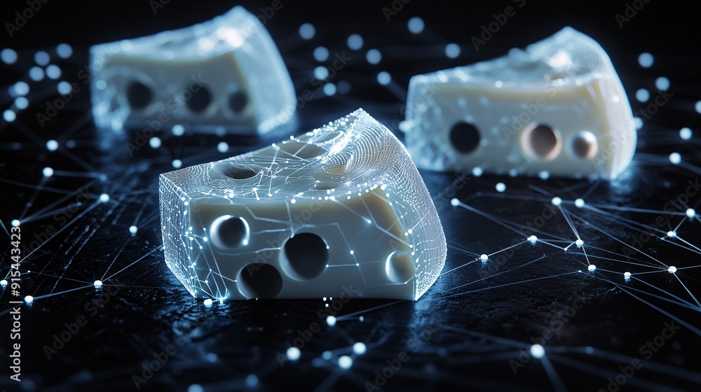 A futuristic image of tech cheese with digital patterns and glowing ...
