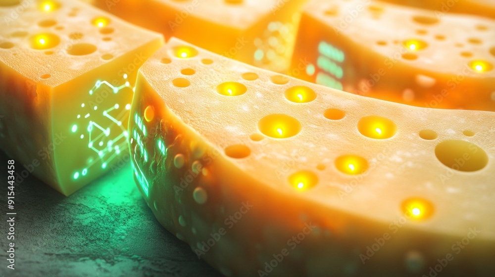 An artistic close-up of tech cheese with intricate digital patterns and ...