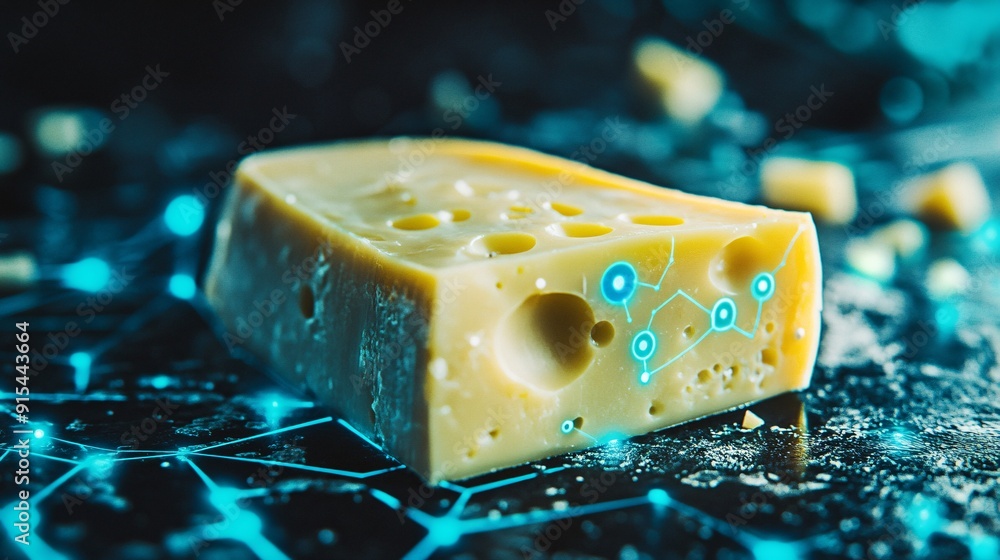 A detailed image of tech cheese with glowing nodes and digital patterns ...