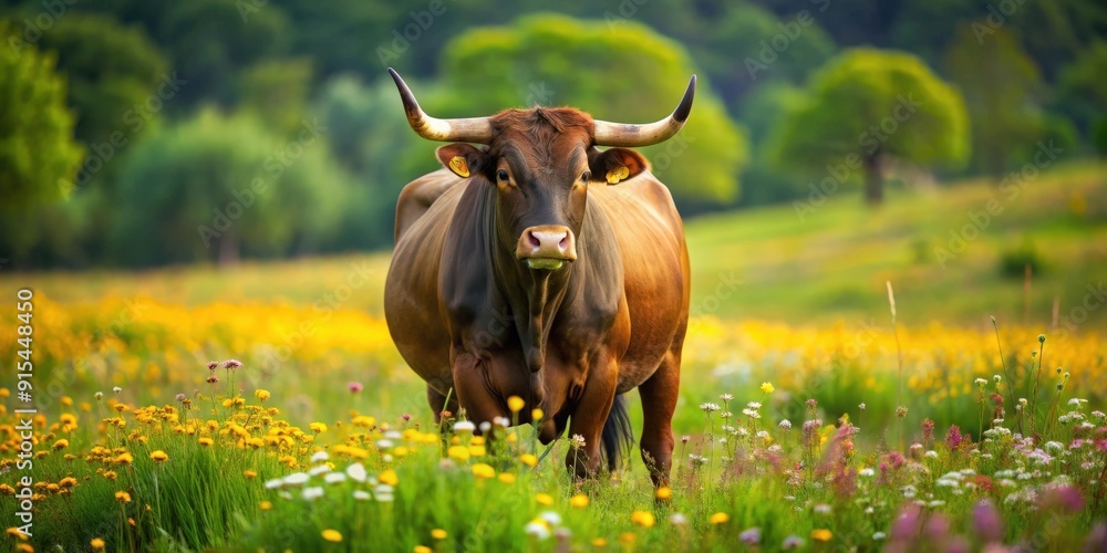 Majestic Taurus bull standing in a lush field of flowers and green ...