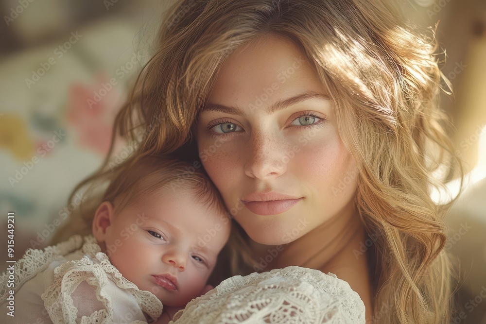 tender moment between a mother and her newborn baby in a sunlit nursery ...
