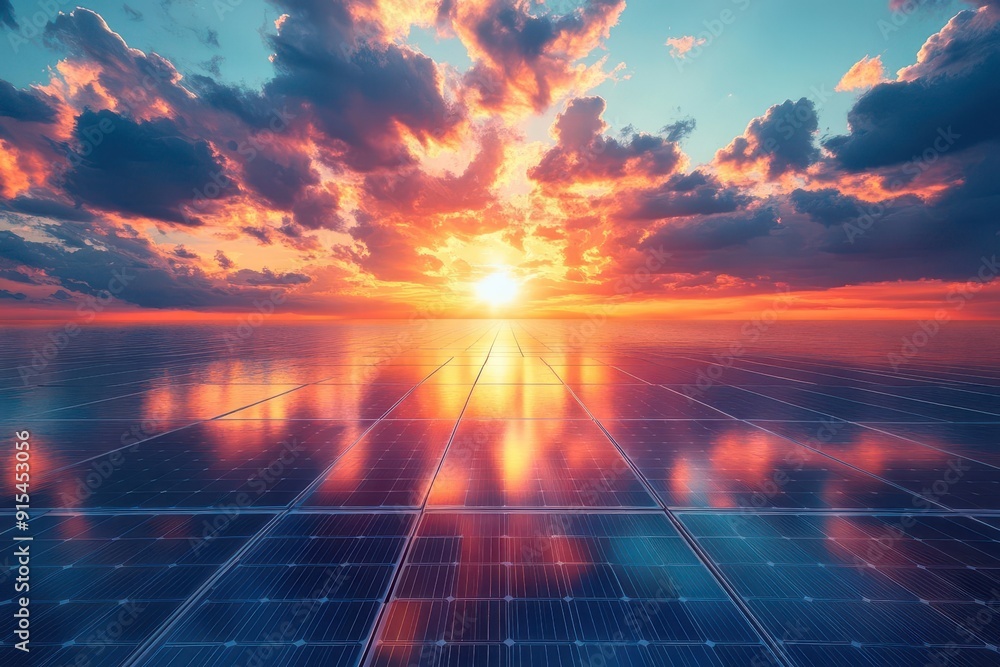 vast solar farm at golden hour rows of photovoltaic panels stretching ...