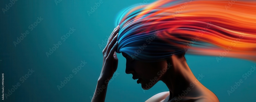 Artistic portrayal of a migraine attack, with swirling colors around ...