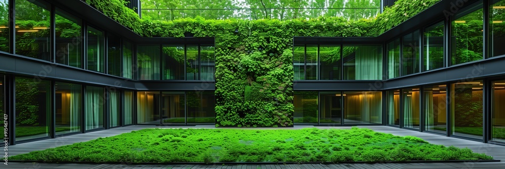 Courtyard of eco house, condominium with green meadow in yard and ...