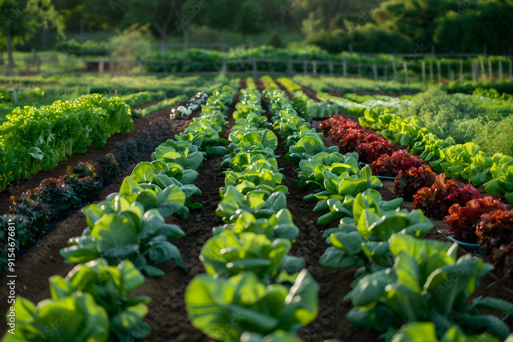 In rich soil fields, leafy green vegetables grow in rows extending far ...