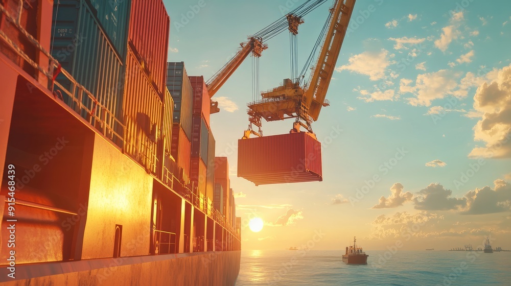 A cargo ship with a crane lifting a container off its deck, showcasing ...
