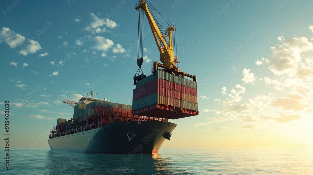 A cargo ship with a crane lifting a container off its deck, showcasing ...