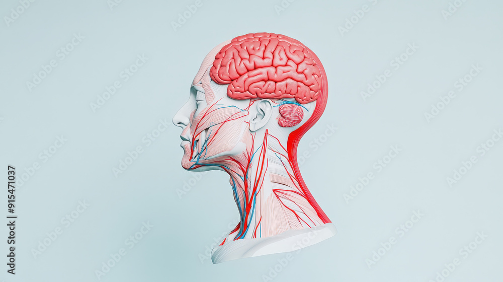 illustration of Anatomical 3D depiction of the human neck with muscles ...