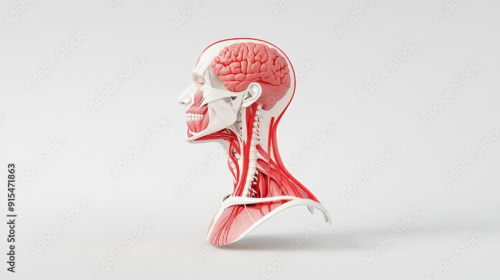 Anatomical 3D depiction of the human neck with muscles and arteries ...