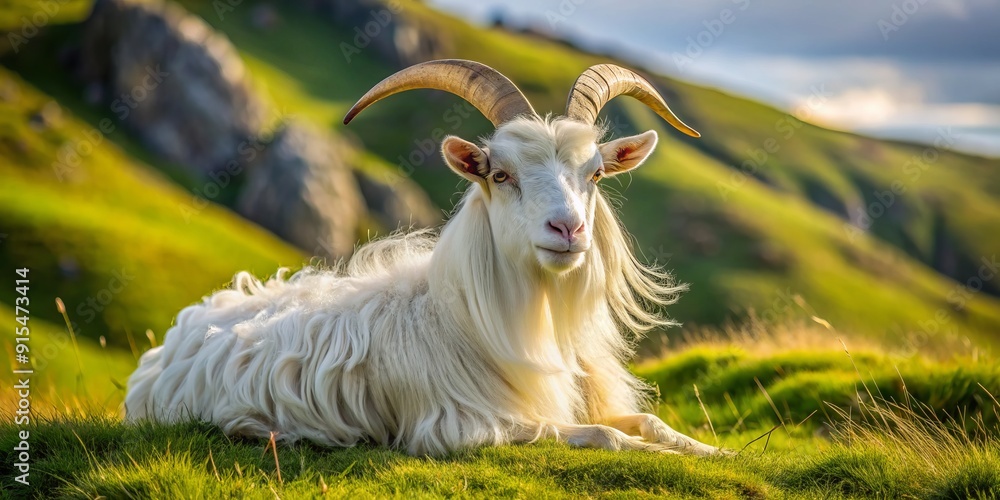 A majestic Kashmiri goat with a fluffy white coat and curved horns ...