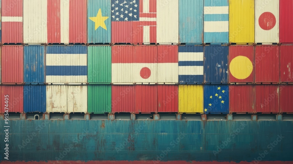 A container ship with flags from various countries, symbolizing ...
