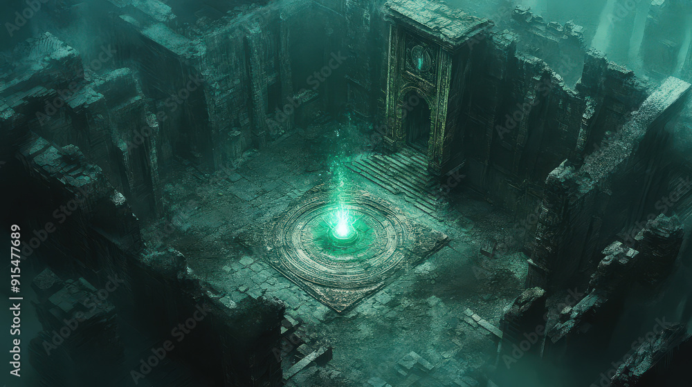 Glowing magical icon in the center of a desolate ruin, [bewitched icon ...