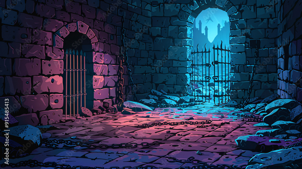 Flat cartoon-style illustration of a medieval castle dungeon, featuring ...