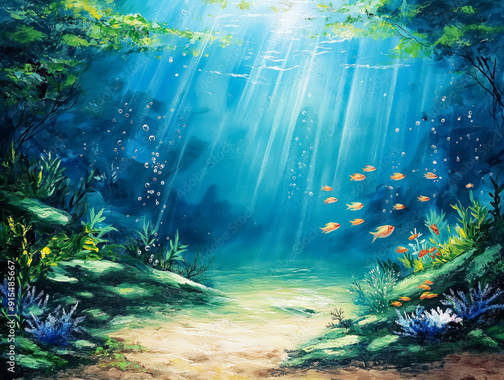 A painting of a beach scene with a path leading to the water. The water ...