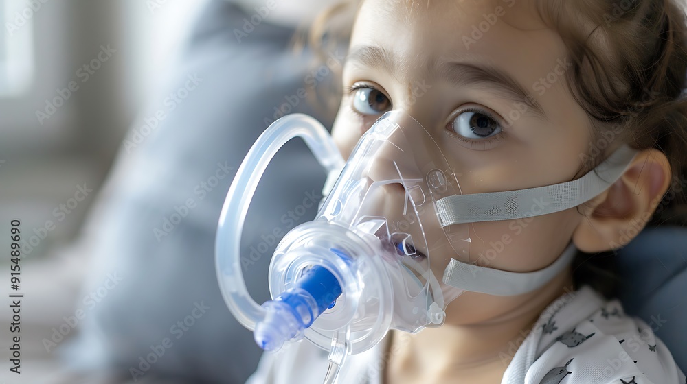 Little kid making inhalation with nebulizer at hospital. Decreasing ...
